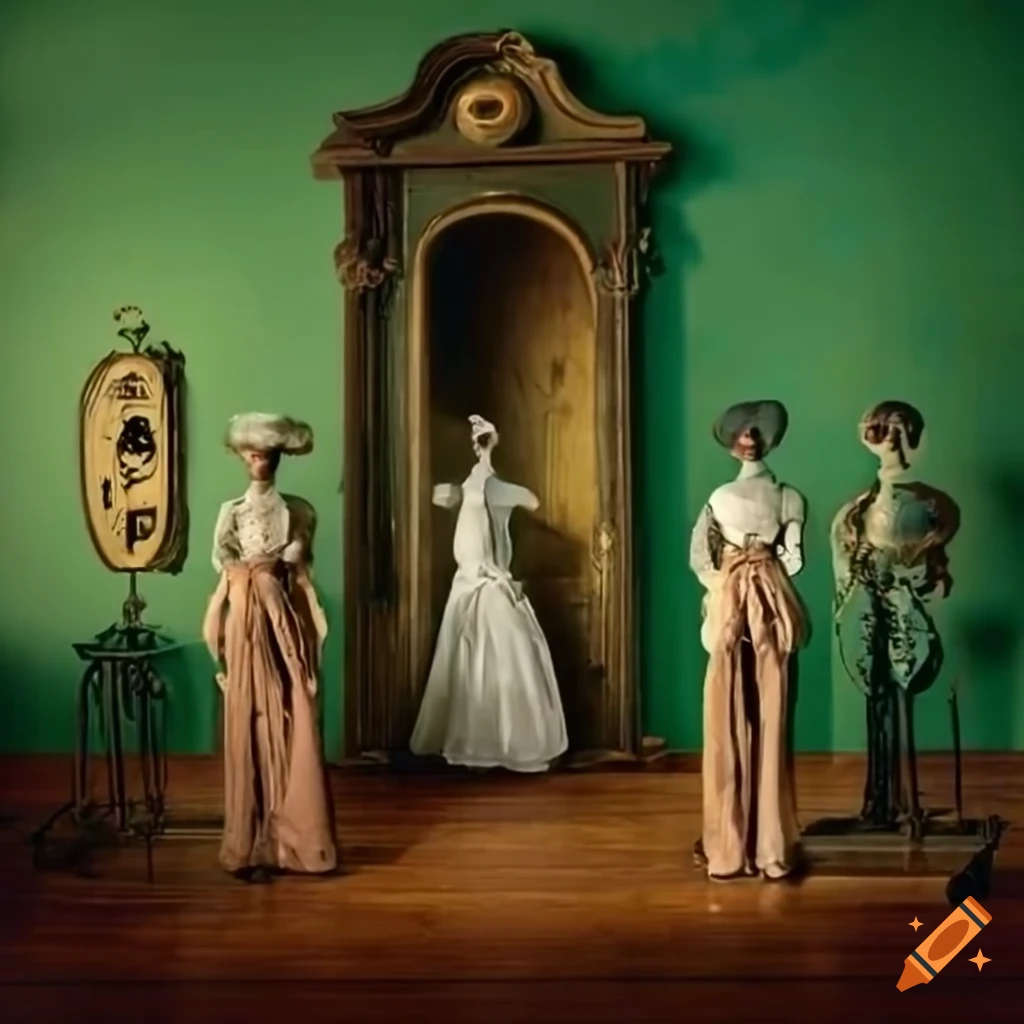 People in edwardian clothing in a green room with skeleton clock on Craiyon