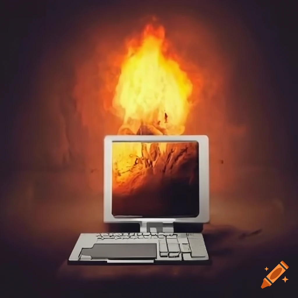 Computer setup in a cave with a fire on Craiyon