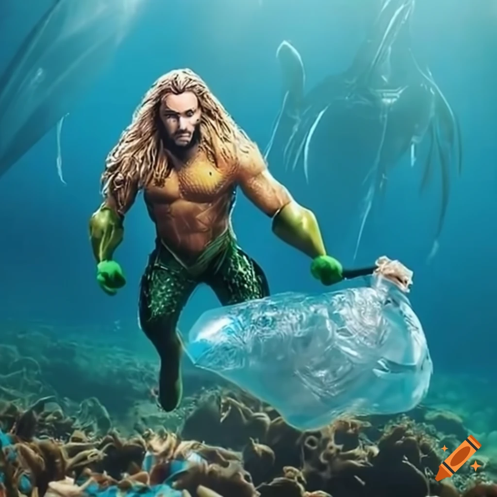 Aquaman cleaning up trash on a small island with ocean pollution on Craiyon
