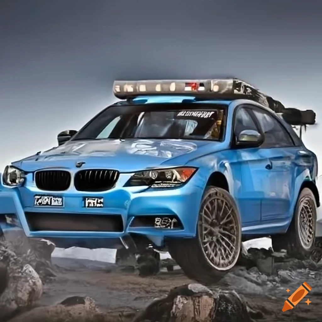 Blue subaru rally car and white bmw sedan with angel eye lights on Craiyon