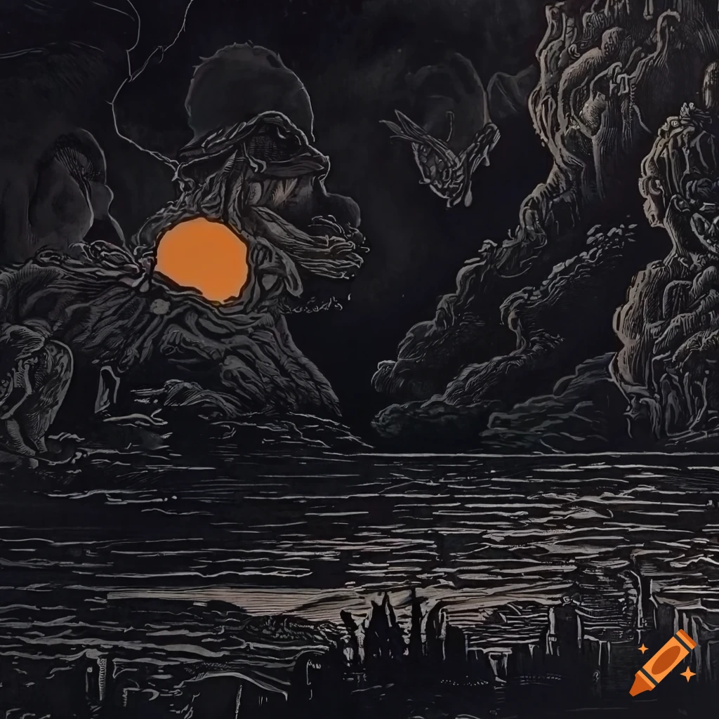 Intricate linocut illustration of storm clouds over surreal landscape ...