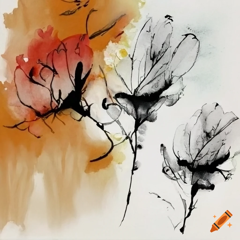 Painting of ink flowers in a scenic landscape on Craiyon