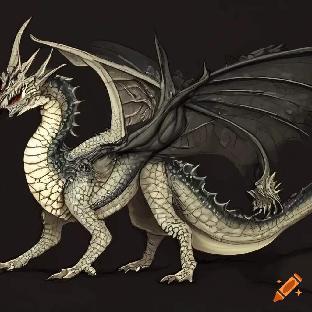 Detailed side view illustration of a dragon with wings on Craiyon