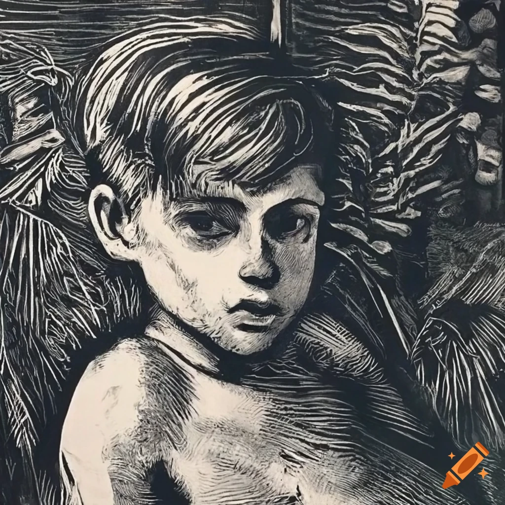 Monochrome linocut of a relaxed boy in nature