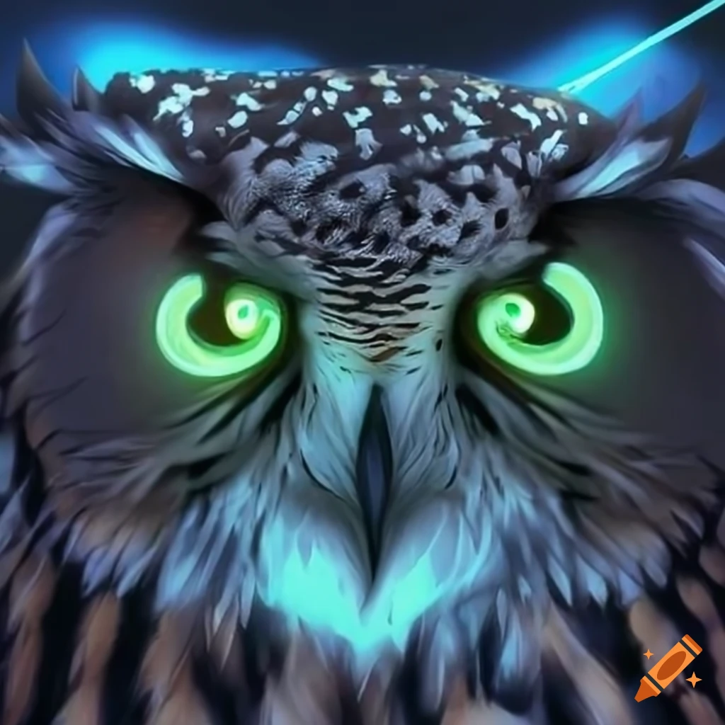 Close-up of an owl with piercing glowing eyes