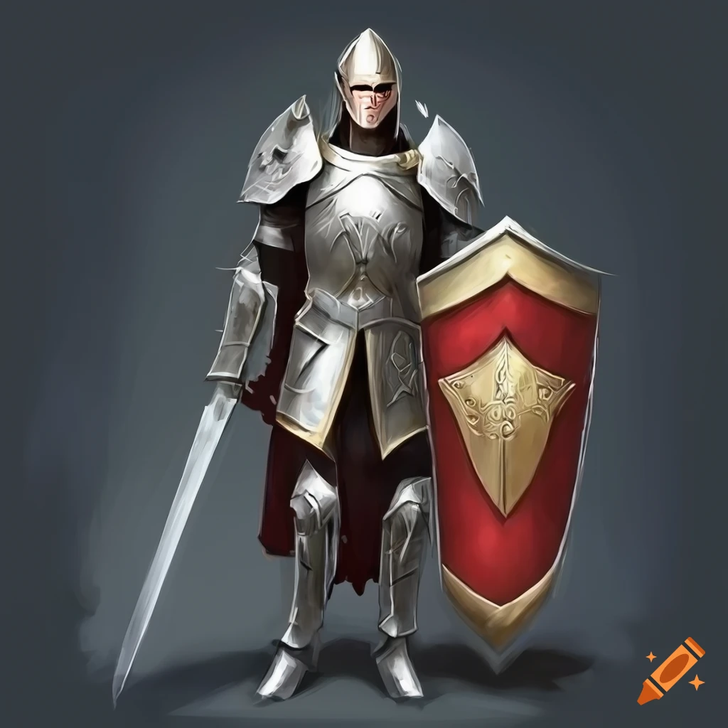 Fantasy paladin in full armor with sword and shield