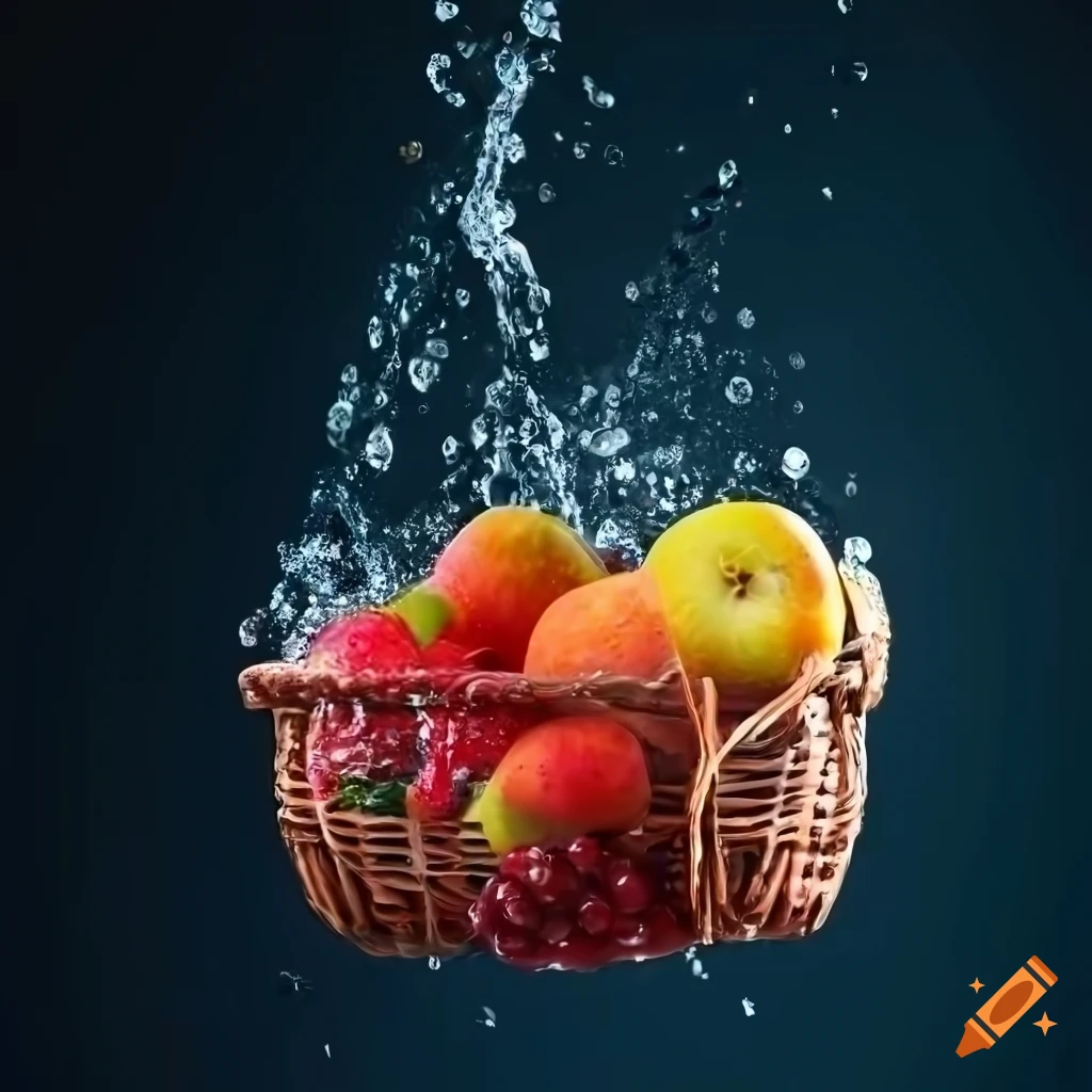 Fruits falling into a basket with water splash