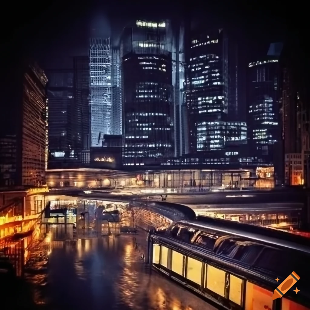 Night view of an illuminated metro station in a big city on Craiyon