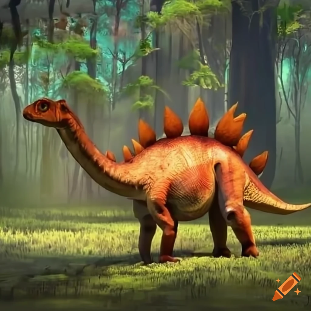 Image of a large orange stegosaurus in a sunny swamp forest on Craiyon
