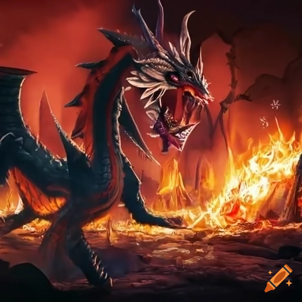 Digital art of a dragon wreaking havoc on a village