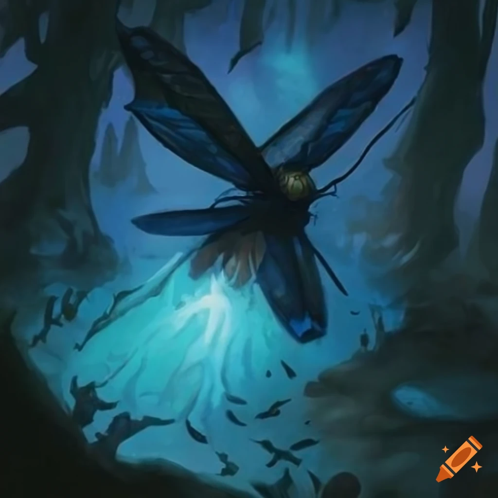 Artwork of a blue firefly on an ancient book