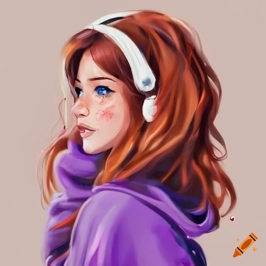 Hand drawn cozy gamer with auburn hair and dark blue eyes on Craiyon