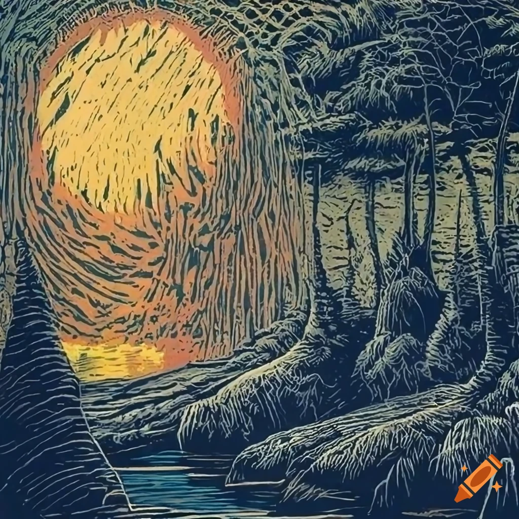 Detailed linocut illustration of a surreal sunrise landscape on Craiyon