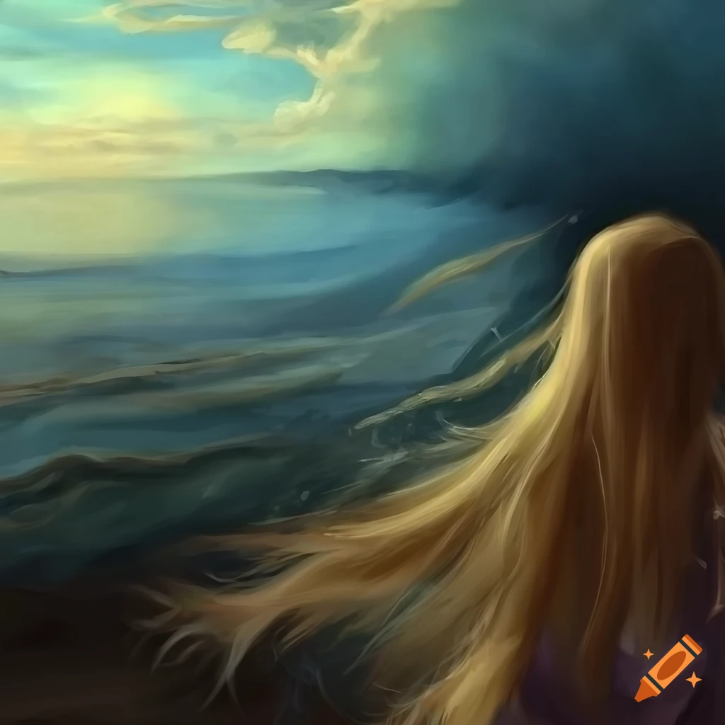 Painting of a mystical blonde girl looking at the sea on Craiyon