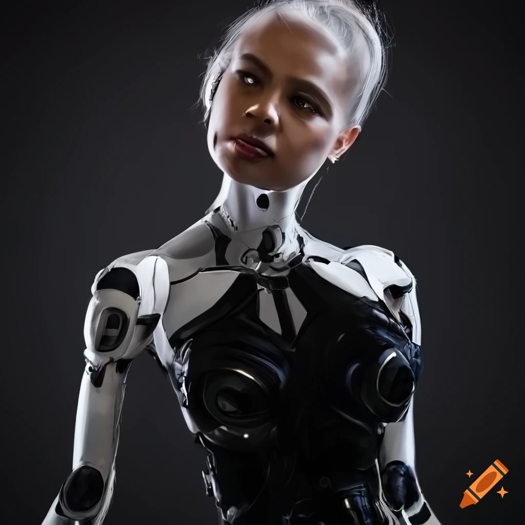 Highly detailed futuristic robot girl connected to cables on Craiyon