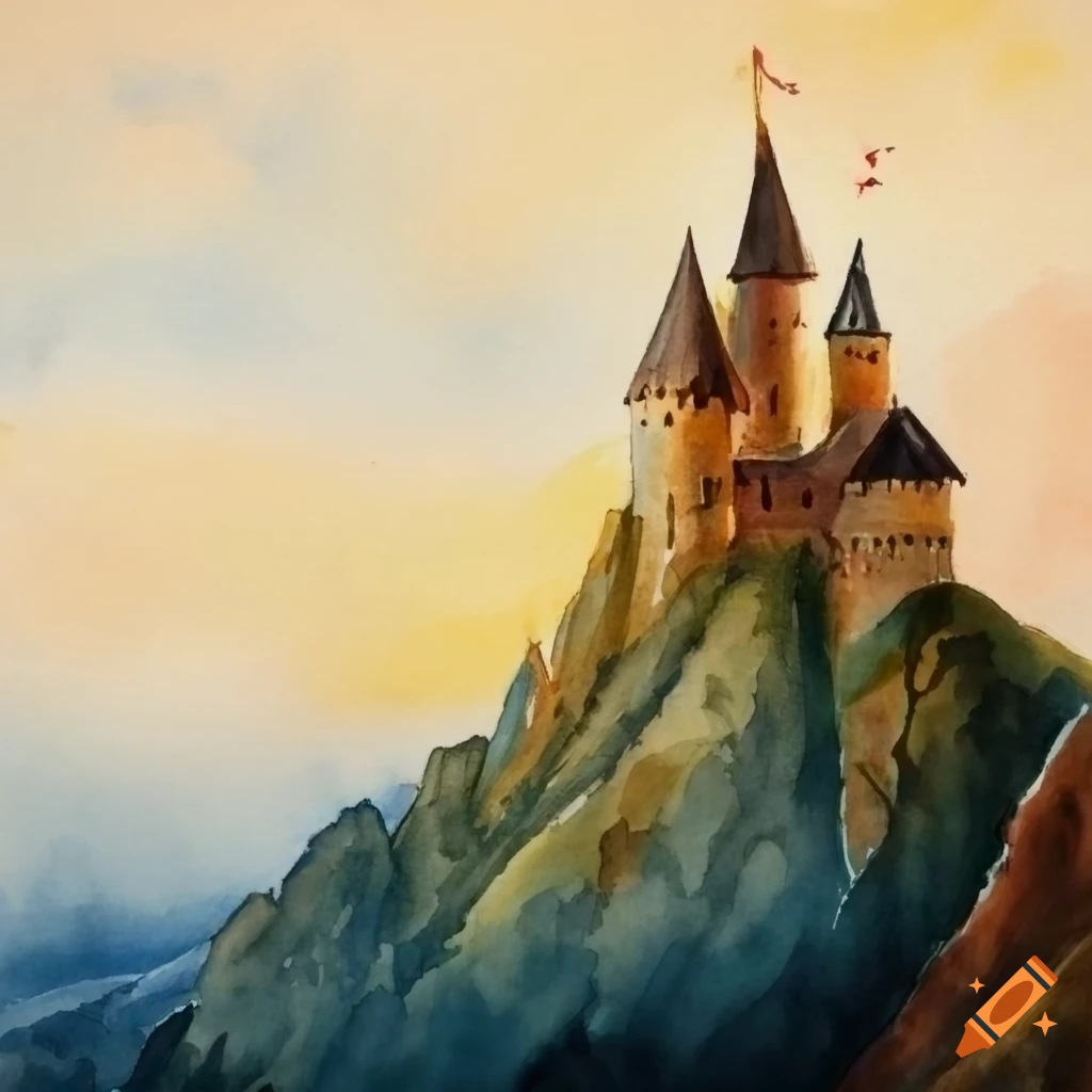 Watercolor painting of a mountain with castle on Craiyon