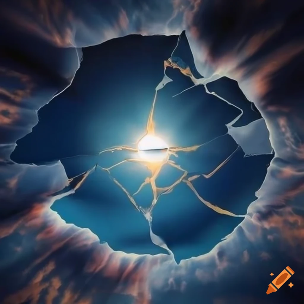 Artwork of a shattered sky with clouds and sun