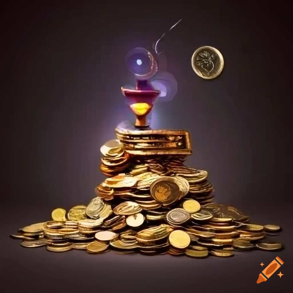 Artwork of a fantasy treasure pile with magic items on Craiyon