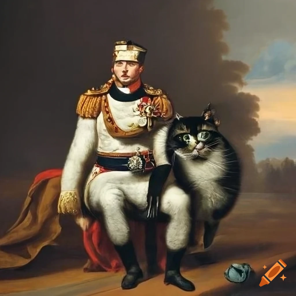 Baroque painting of napoleon on a cat in a battlefield on Craiyon