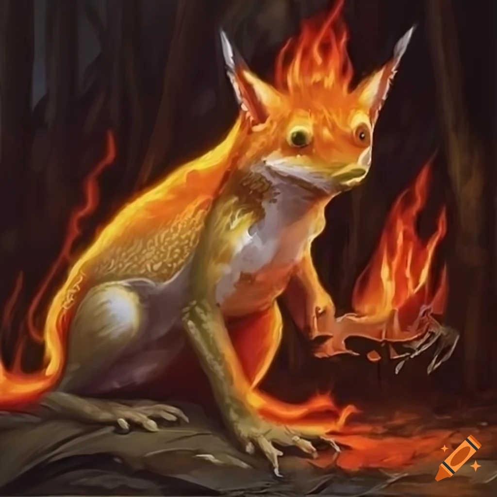 Mystical artwork of a fox-frog hybrid spitting flames