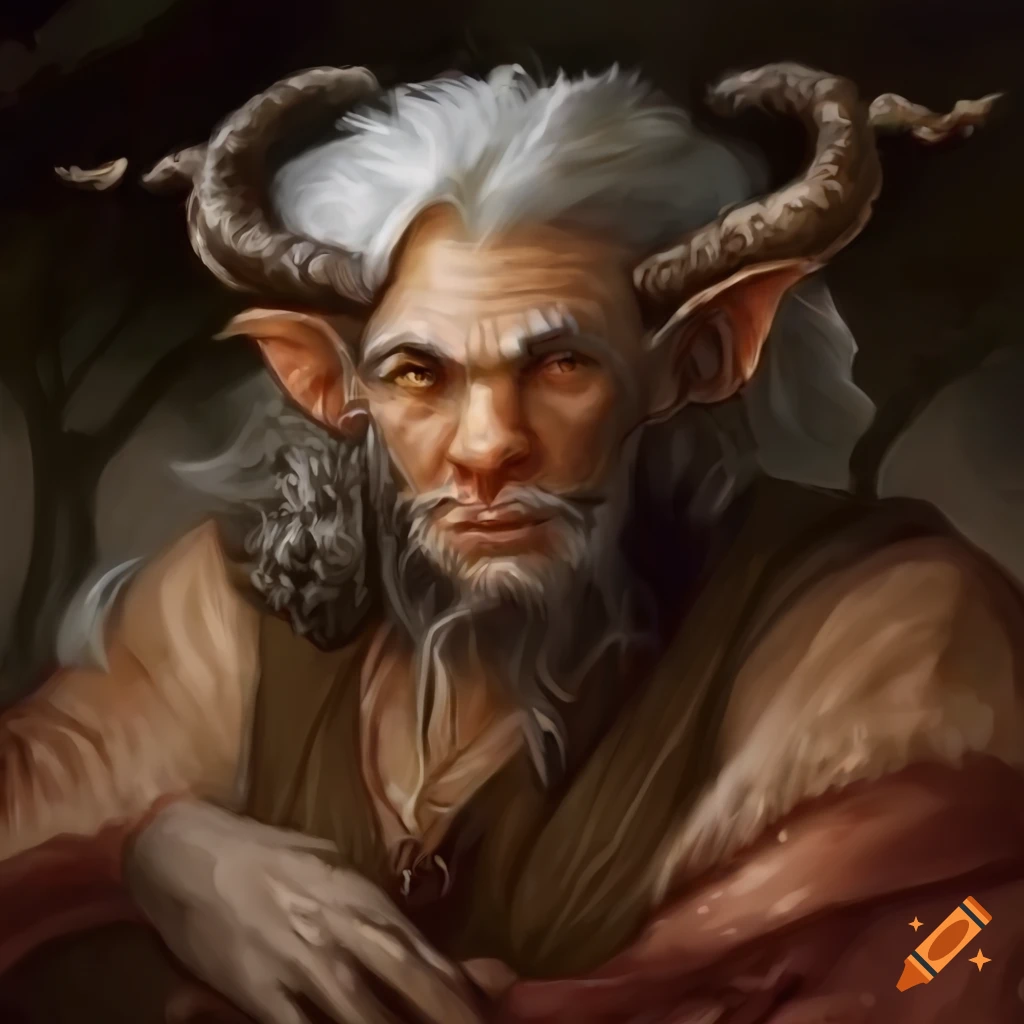 Snowy fantasy landscape with a wise elderly satyr on Craiyon