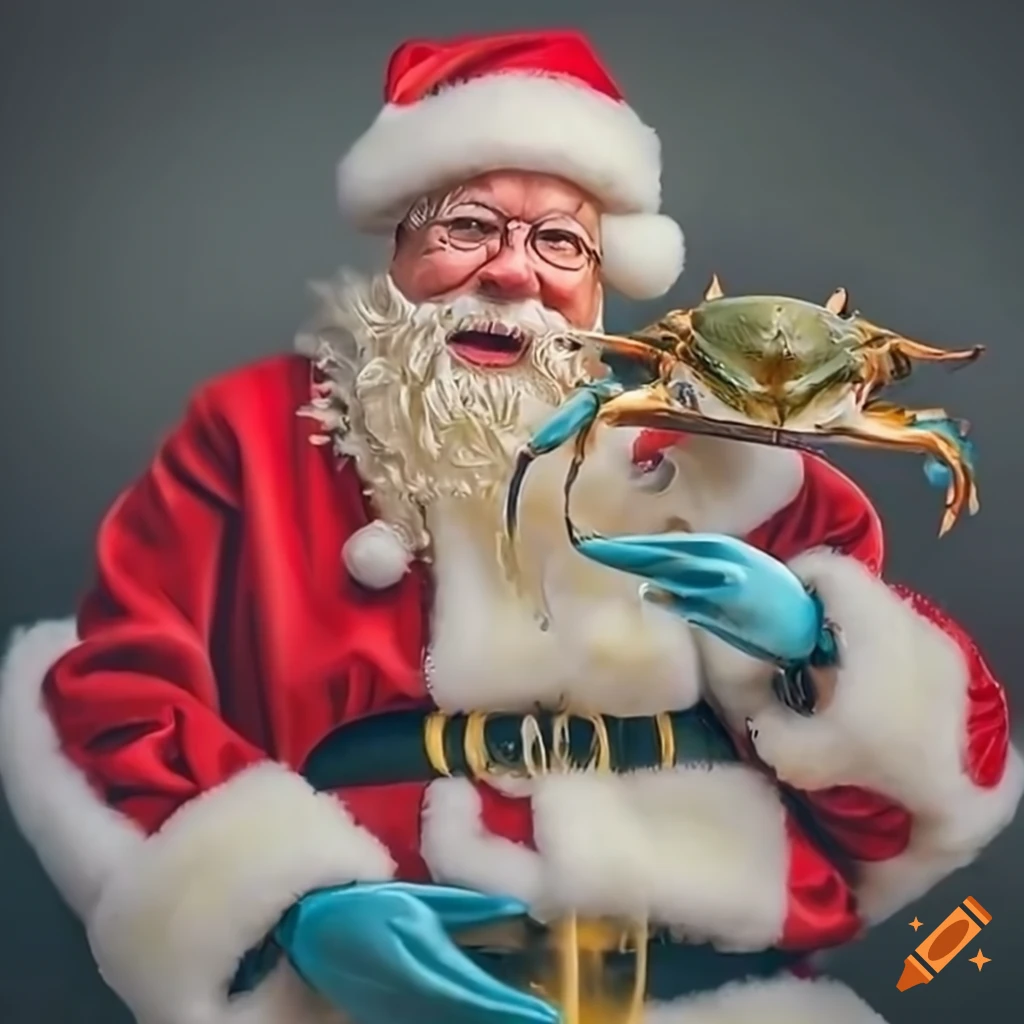 Hyperrealistic portrait of Santa eating Maryland crabs on Craiyon