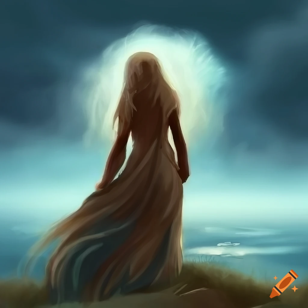 Painting of a mystical blonde girl looking at the sea