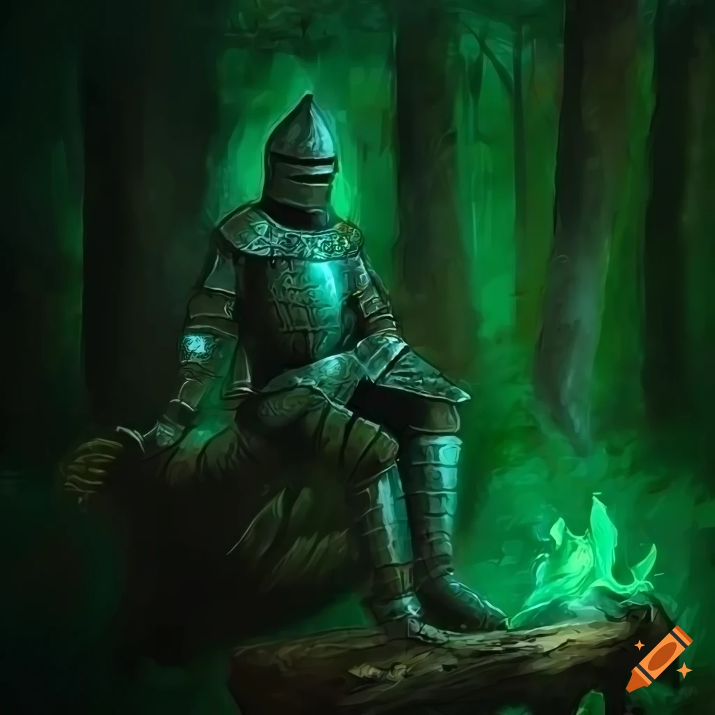Medieval dark fantasy art of a knight by a campfire on Craiyon