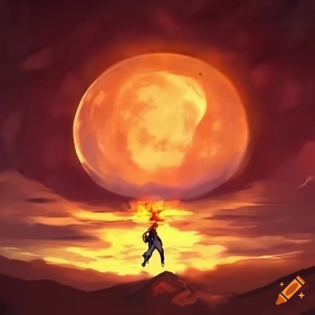 Charizard flying in a desert with a moon and raining fire