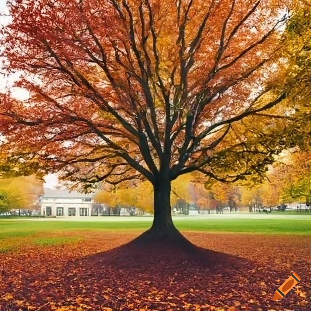 Fallen leaves around an oak tree on a college campus on Craiyon