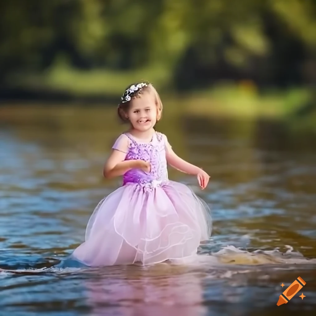 Smiling little girl in a princess dress playing in the river on Craiyon