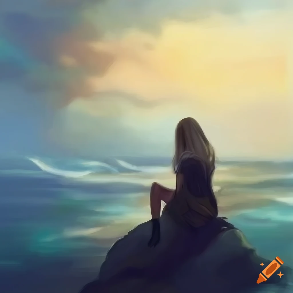 Painting of a blonde girl looking off a cliff towards the sea on Craiyon