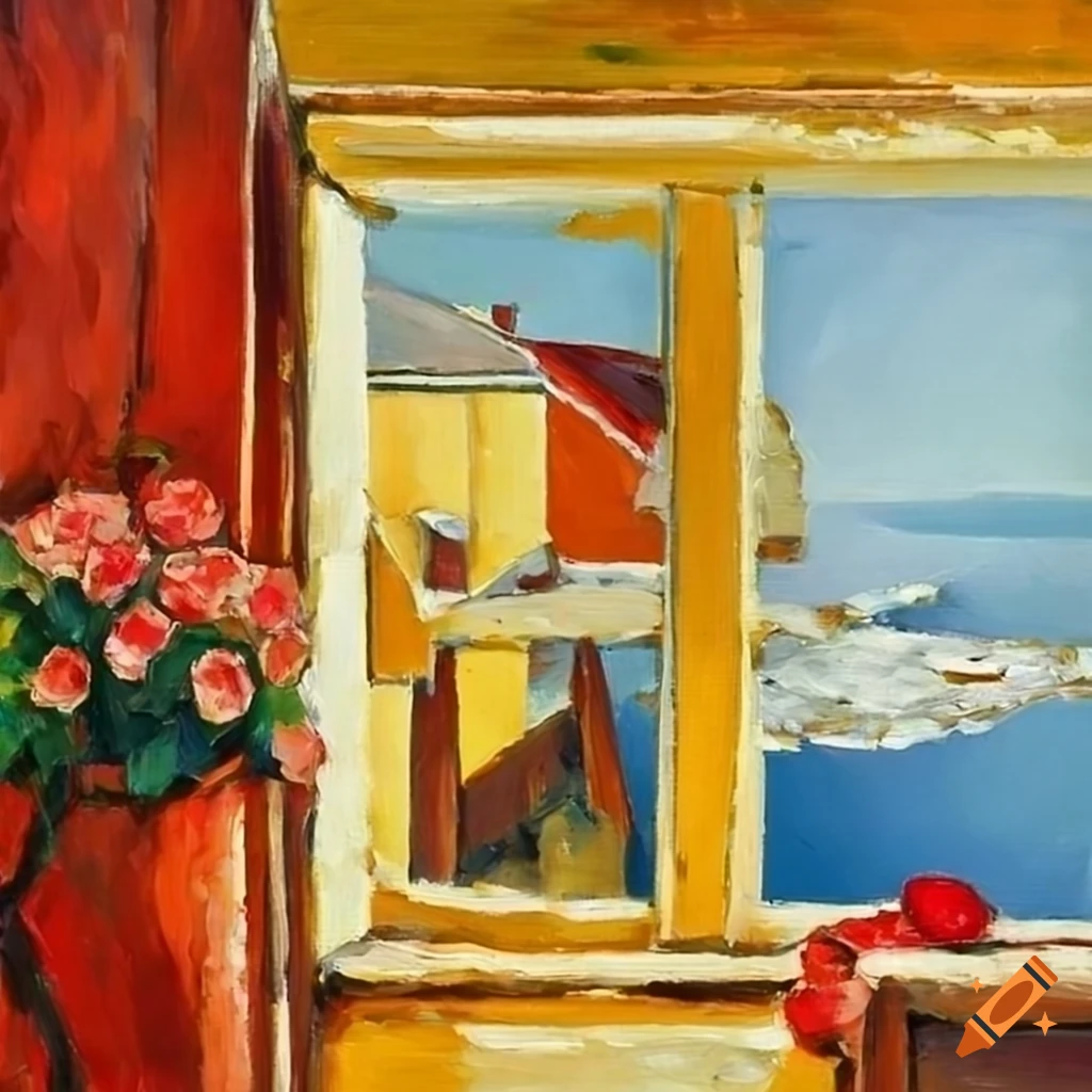 Oil painting of a window overlooking a seaside town on Craiyon