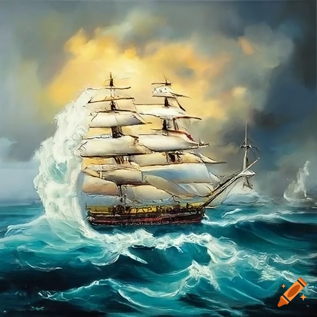 Oil painting of a ship in a violent storm