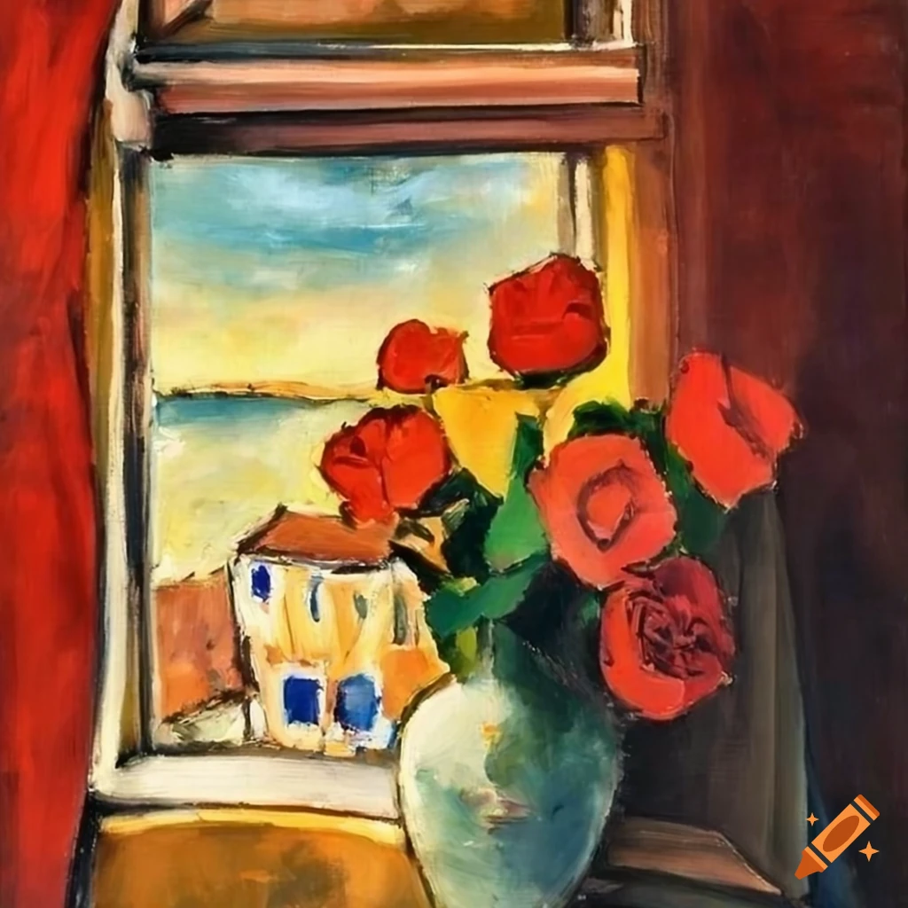 Oil painting with red roses and open window on Craiyon
