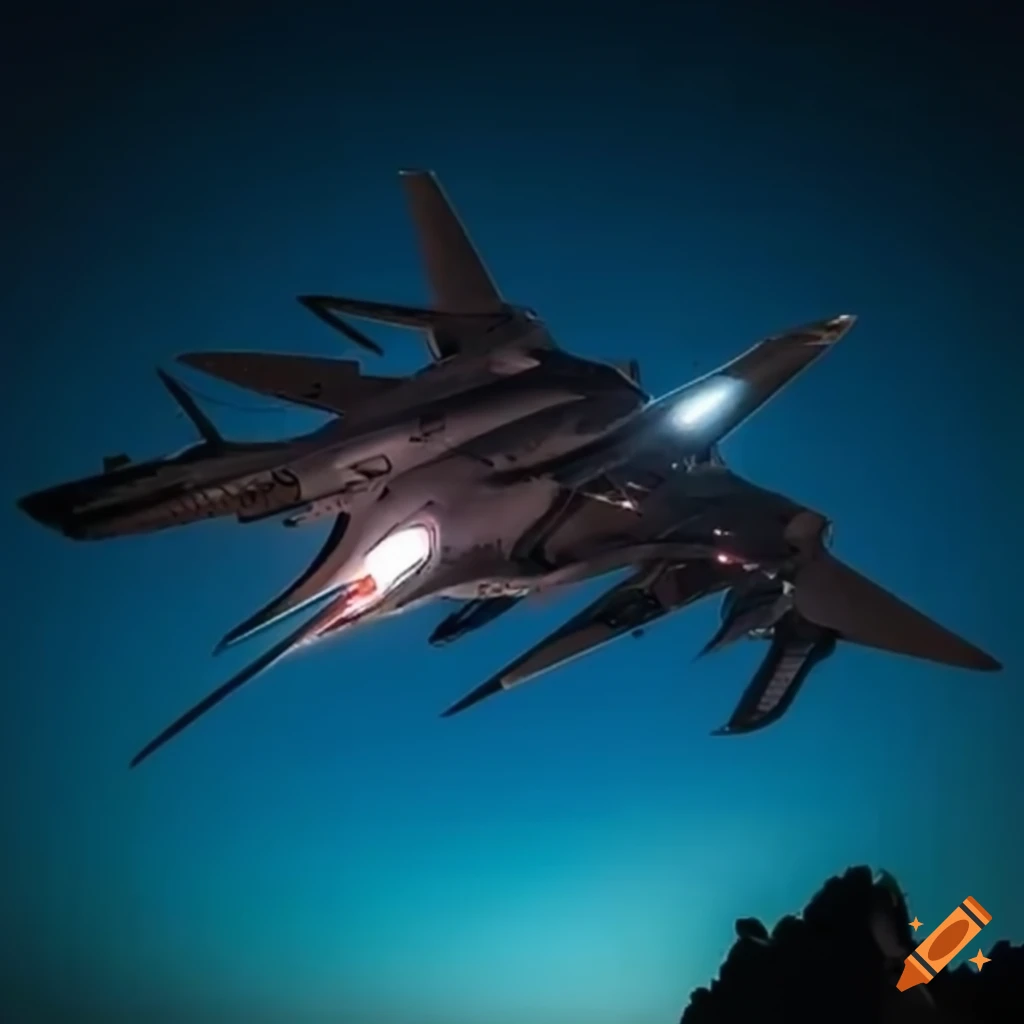 Fighter jet with alien technology flying low in the night sky on Craiyon