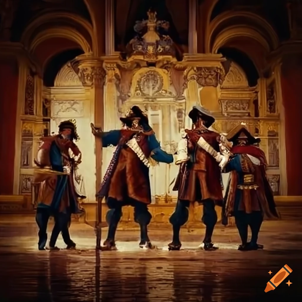 Three musketeers in front of a palace