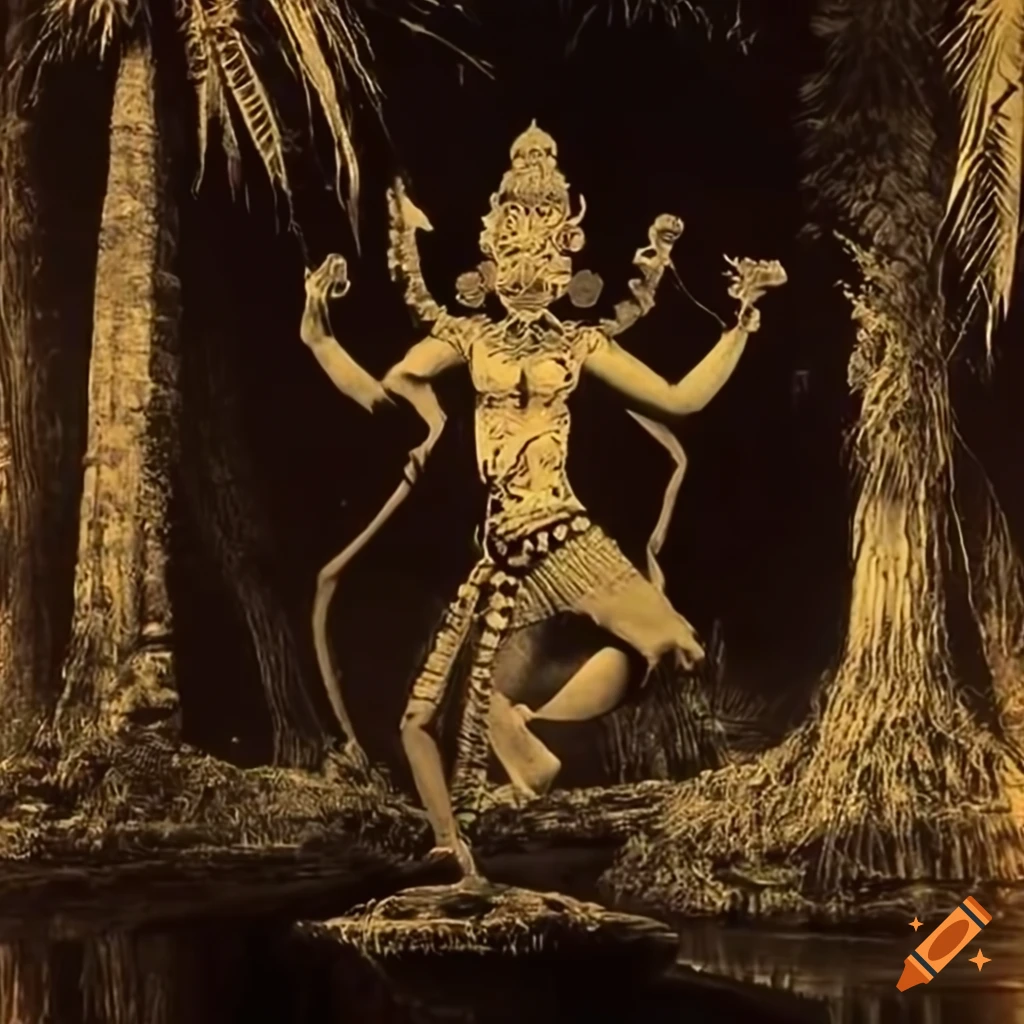 Vintage artwork of a demon dancing among palm trees on Craiyon