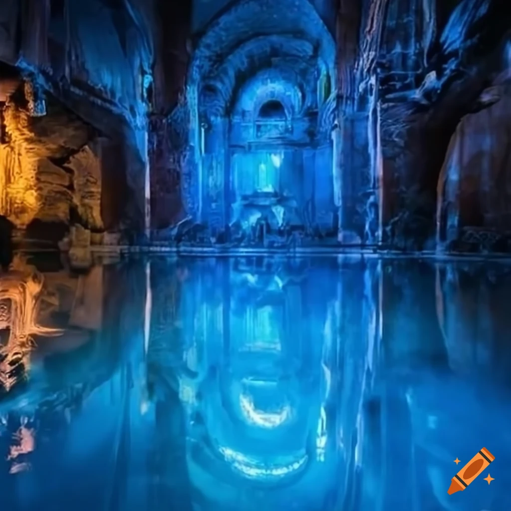 Blue-lit sewer temple