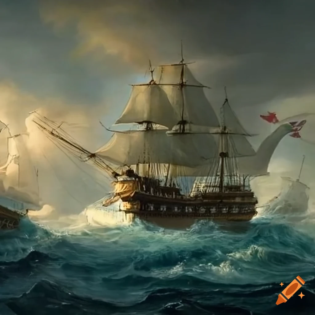 Illustration of a sea battle between a pirate ship and a frigate on Craiyon