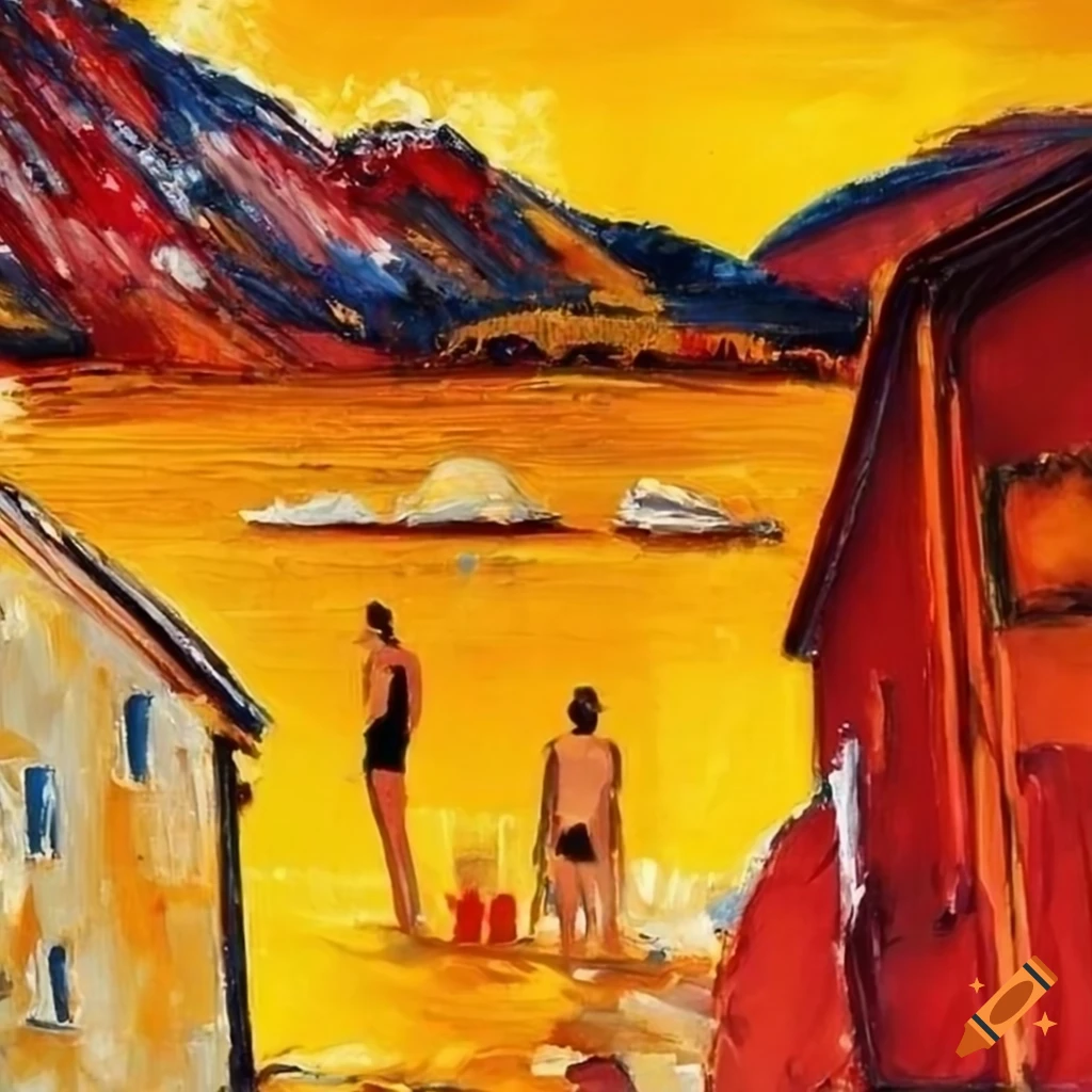 Oil painting of people bathing in summertime in norway