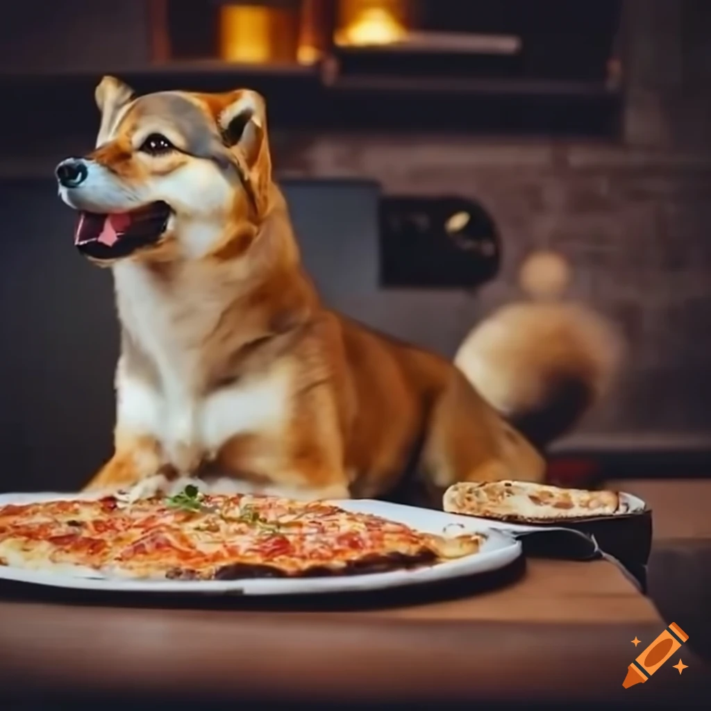 Pug enjoying a pizza party with dog friends on Craiyon