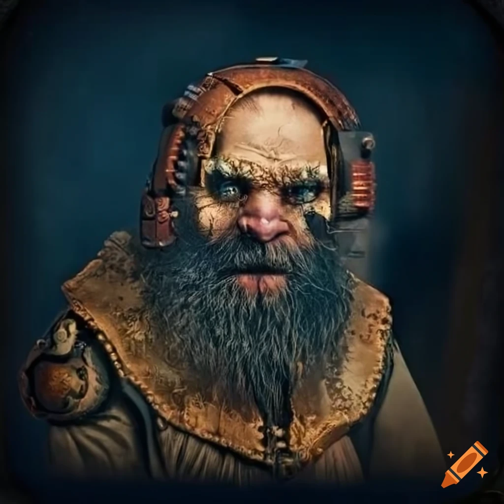 Daguerreotype portrait of a steampunk dwarf cyborg on Craiyon