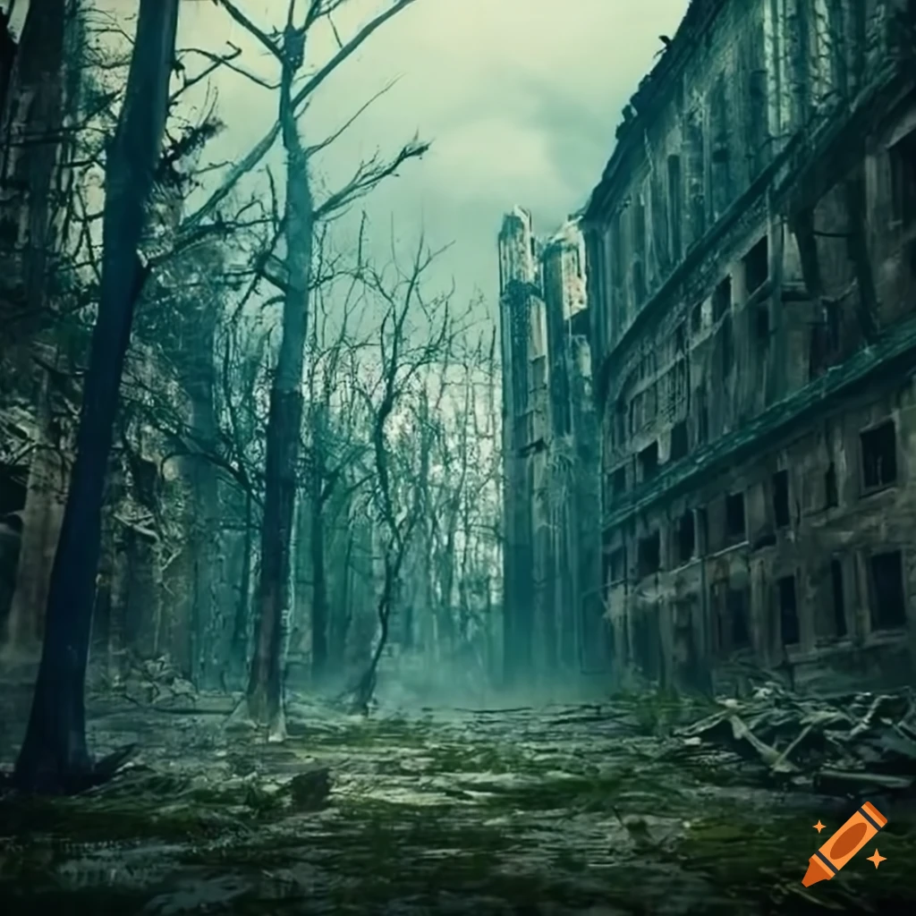 Post-apocalyptic town ruins in a forest setting on Craiyon