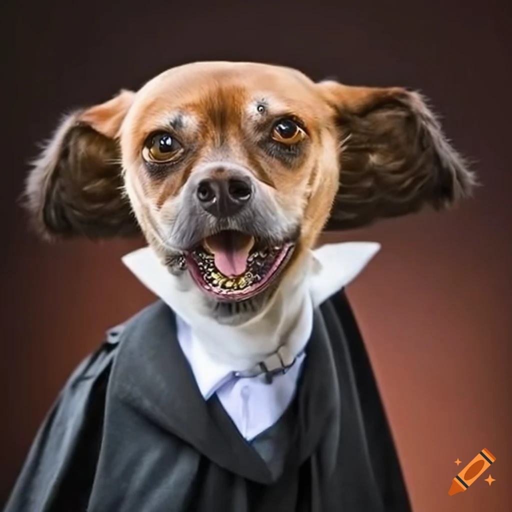 Dog wearing a lawyer costume with a serious expression