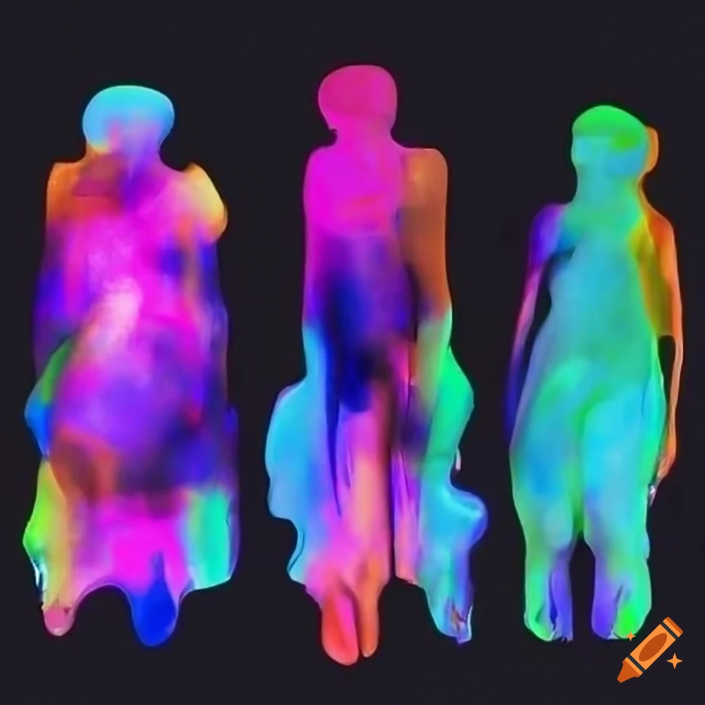 Abstract art of two humanoid figures melting together in a 2d painting ...