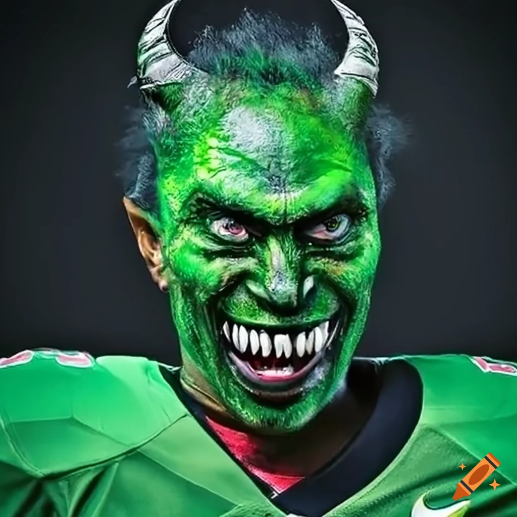 Funny green demon wearing an nfl jersey on Craiyon