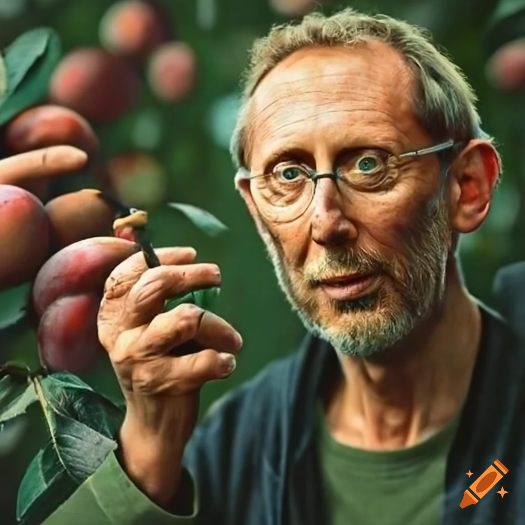 Humorous illustration of michael rosen in a plum orchard on Craiyon