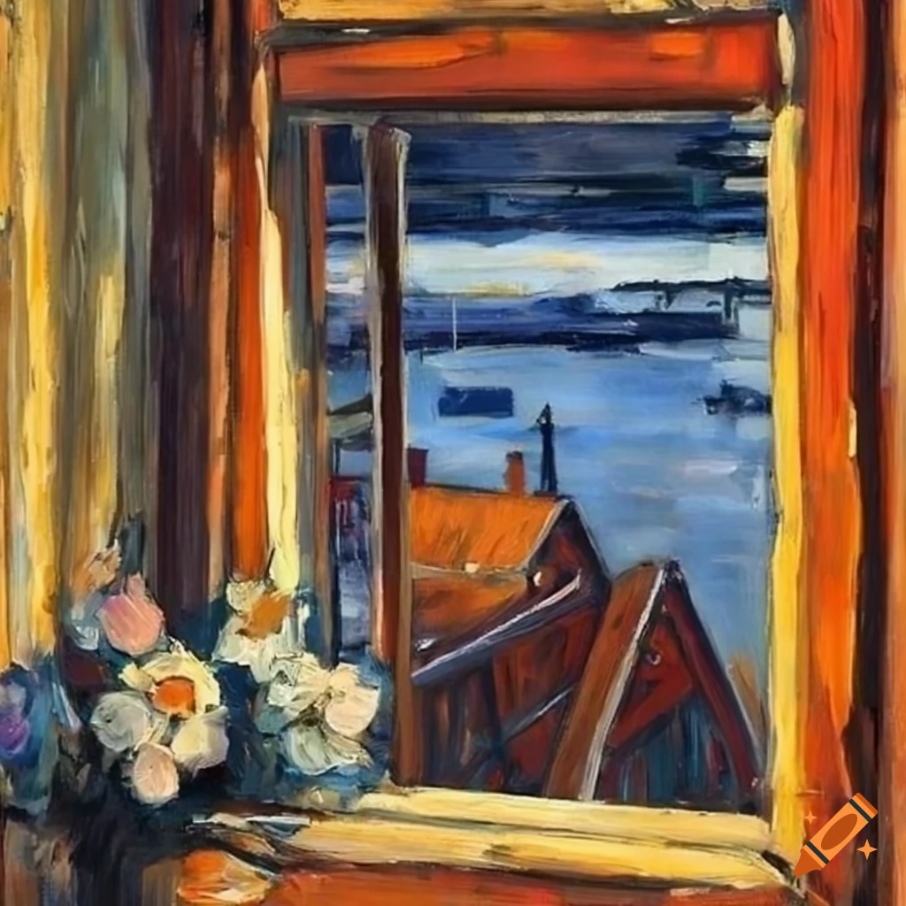 Oil painting of a window overlooking a seaside town on Craiyon