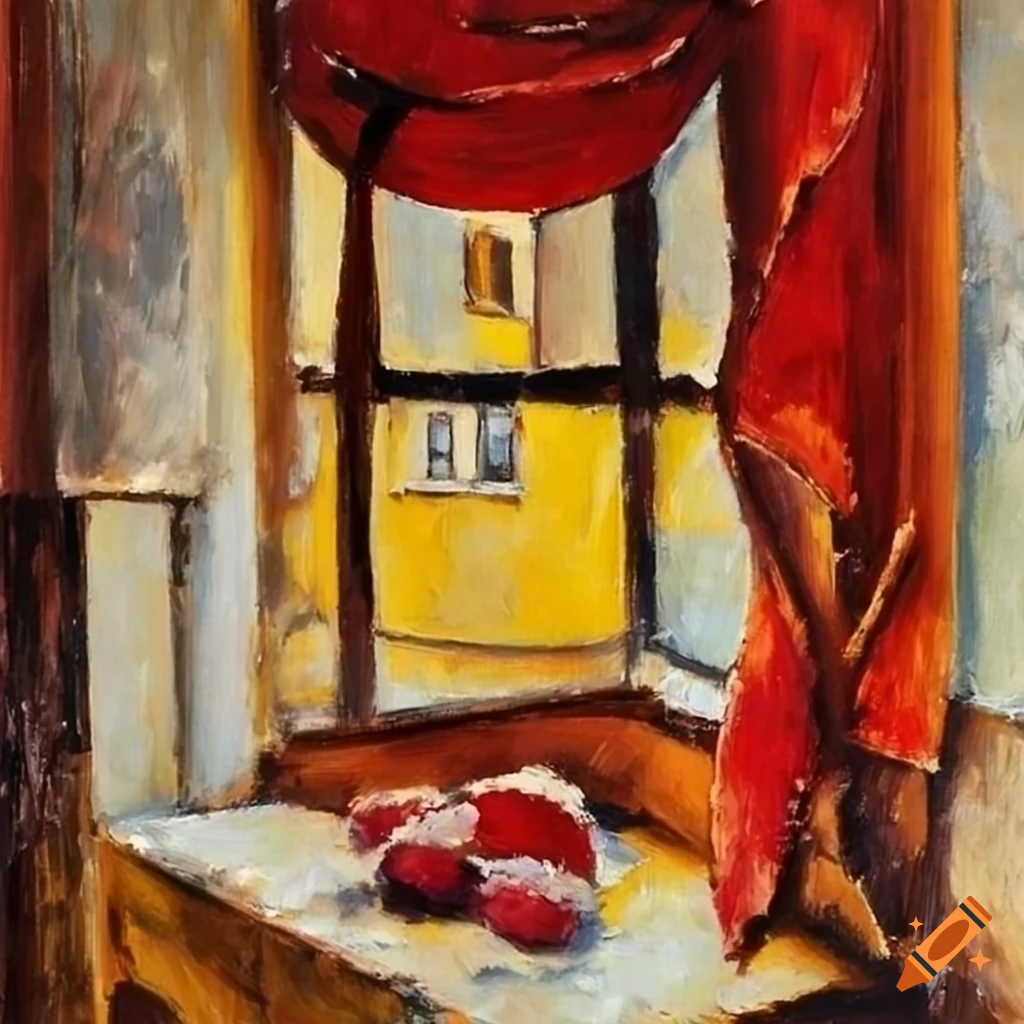 Oil painting of a window with red roses and flapping curtains on Craiyon